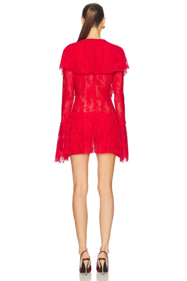 Norma Kamali Long Sleeve Deep V Ruffle Mini Dress - Tiger Red