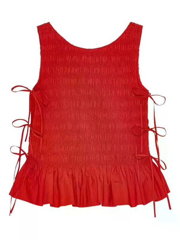 GANNI Smocked Tie-fastening Top - Red