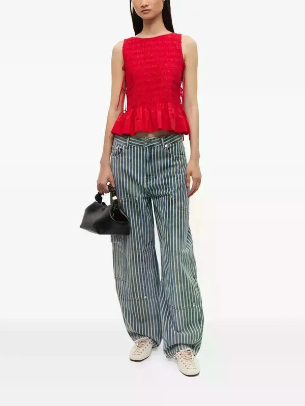 GANNI Smocked Tie-fastening Top - Red