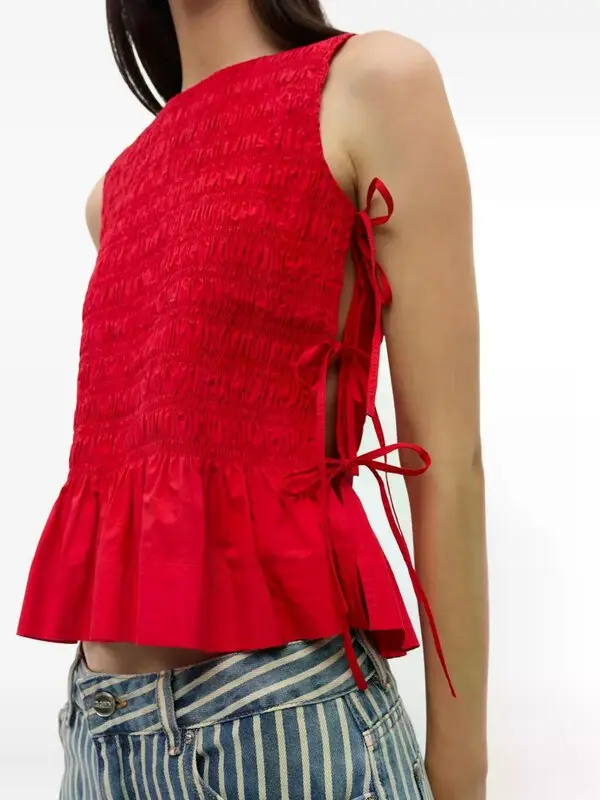 GANNI Smocked Tie-fastening Top - Red