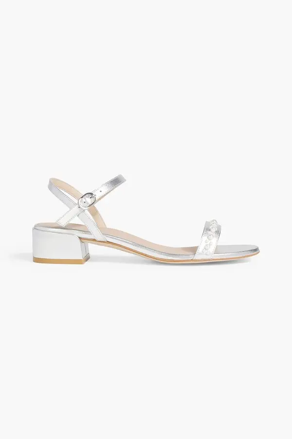 STUART WEITZMAN Dancer 35 Faux Pearl-embellished Metallic Leather Sandals - Silver