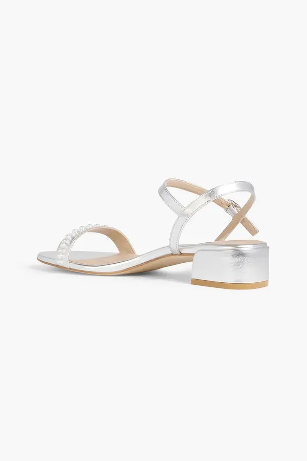 STUART WEITZMAN Dancer 35 Faux Pearl-embellished Metallic Leather Sandals - Silver