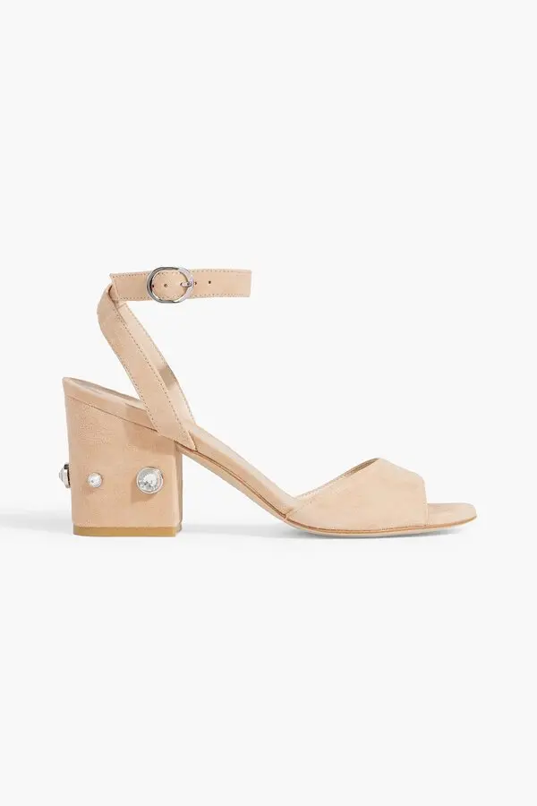 STUART WEITZMAN Alshn 75 Crystal Embellished Suede Block Heel Sandals - Beige