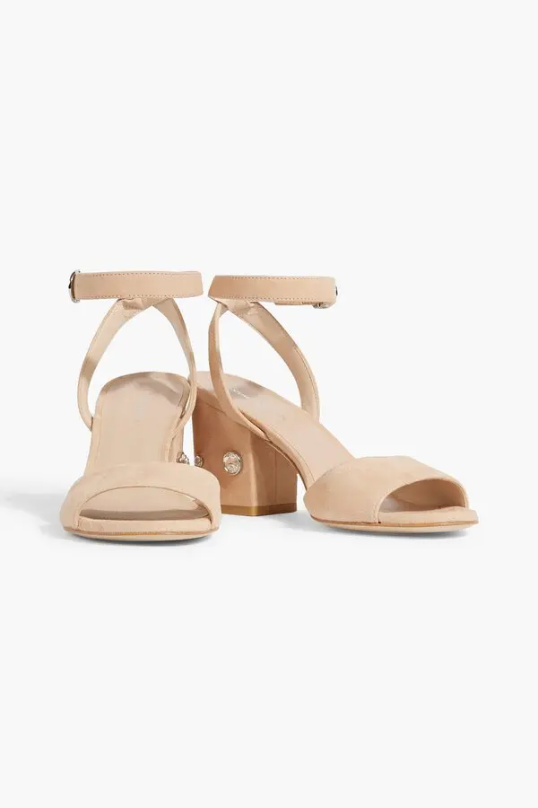 STUART WEITZMAN Alshn 75 Crystal Embellished Suede Block Heel Sandals - Beige