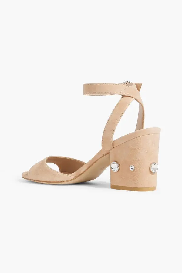 STUART WEITZMAN Alshn 75 Crystal Embellished Suede Block Heel Sandals - Beige
