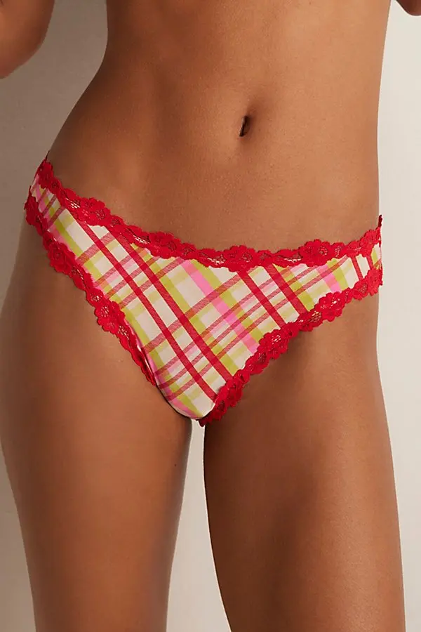 Free People Charlie Micro Bikini Undies - Ivory Plaid Combo