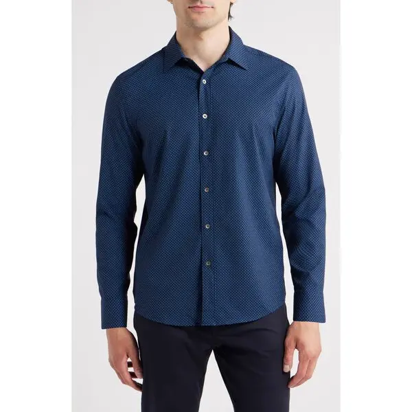 W.R.K Trim Fit Abstract Cube Print Performance Button-up Shirt - Navy