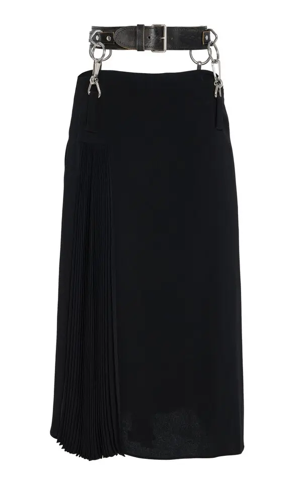 Prada Belted Pleated Crepe-cady Midi Skirt - Black