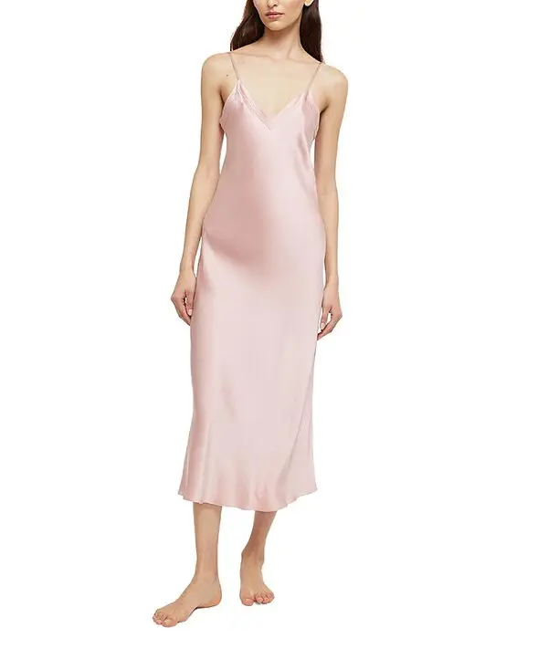 Ginia Silk Long V-neck Nite - Bridal Rose
