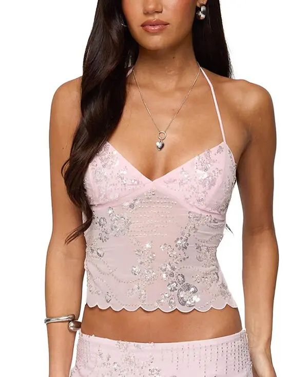 EDIKTED Backless Beaded Sequin Chiffon Top - Light-pink