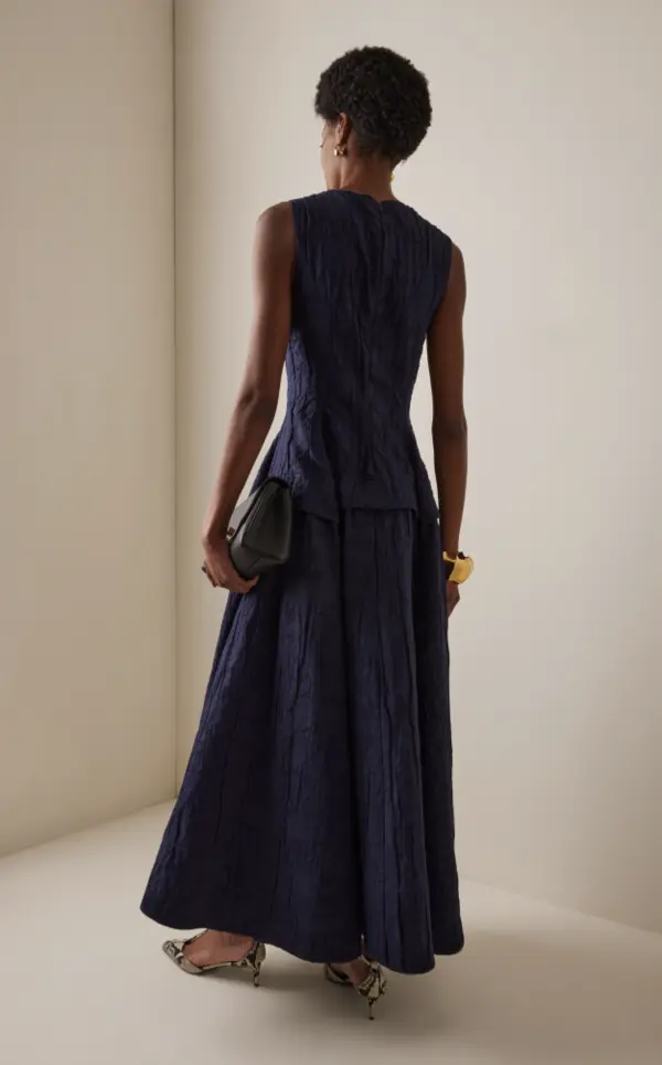Amir Taghi Sara Cotton-Linen Cloqu Midi Dress - Navy | Editorialist