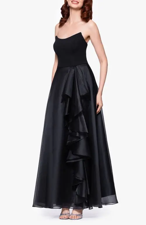 Betsy & Adam Ruffle Strapless Mixed Media Gown