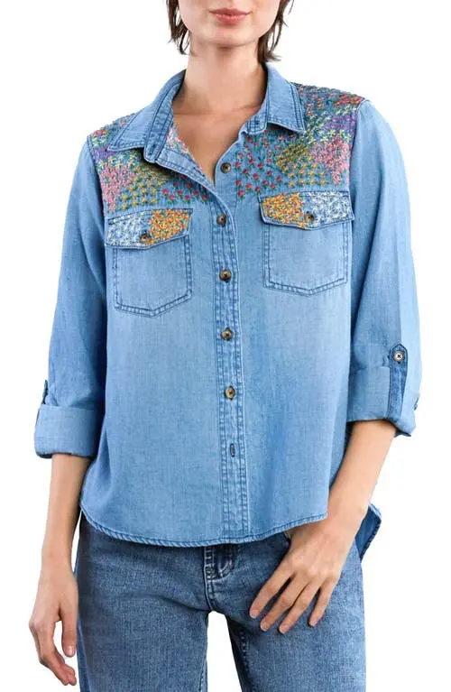 BILLY T Flower Patch Embroidered Button-up Shirt - Denim