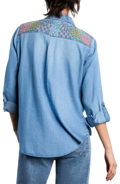 BILLY T Flower Patch Embroidered Button-up Shirt - Denim