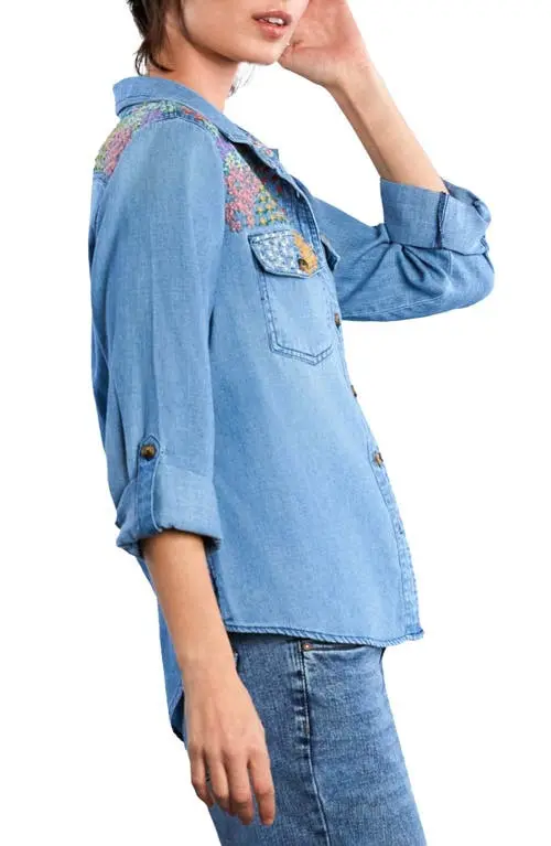 BILLY T Flower Patch Embroidered Button-up Shirt - Denim