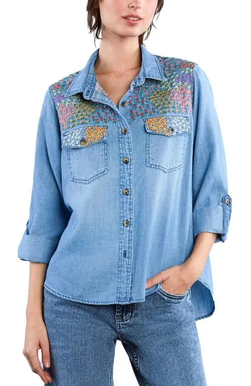 BILLY T Flower Patch Embroidered Button-up Shirt - Denim