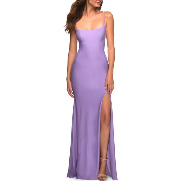La Femme Luxurious Jersey Slit Gown - Periwinkle
