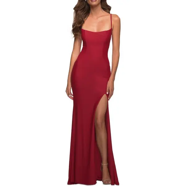La Femme Luxurious Jersey Slit Gown - Red