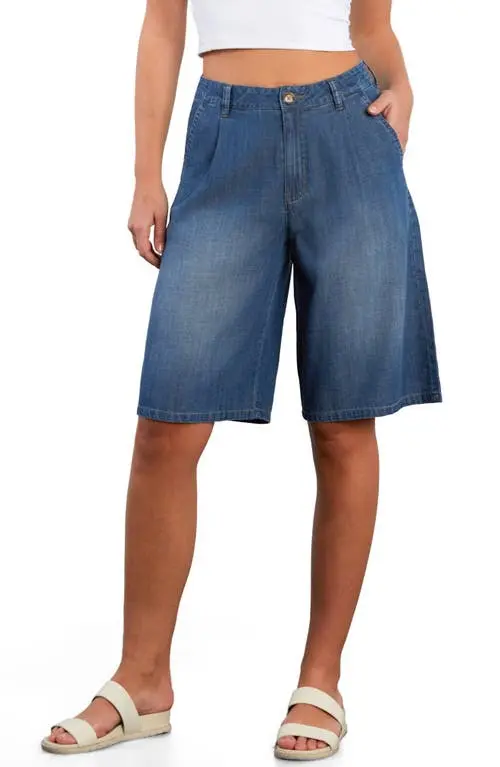 HINT OF BLU Pleated Mid-rise Denim Bermuda Shorts - Ace Blue