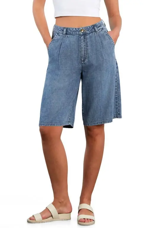 HINT OF BLU Pleated Mid-rise Denim Bermuda Shorts - Atlas Blue
