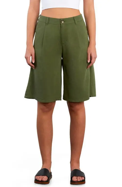 HINT OF BLU Pleated Mid-rise Denim Bermuda Shorts - Vineyard Green