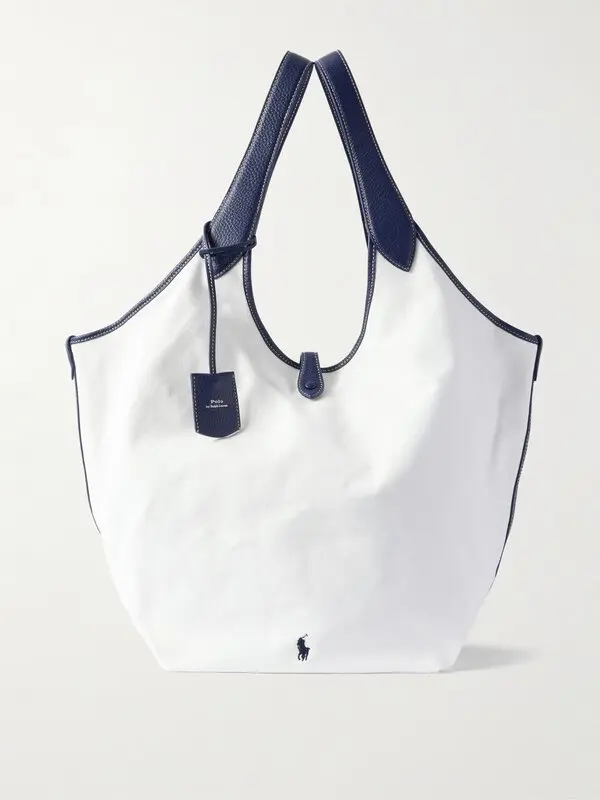 Polo Ralph Lauren Large Textured Leather-trimmed Cotton-canvas Tote - Off-white