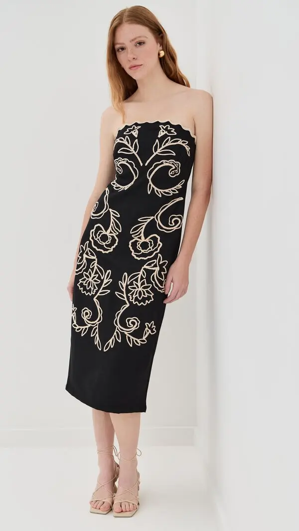 knee length dresses for ladies Sophia strapless Black Midi Dress With Flower Applique