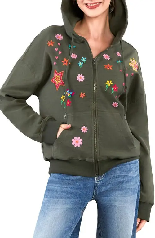 BILLY T Sketchbook Embroidered Zip-up Hoodie - Olive