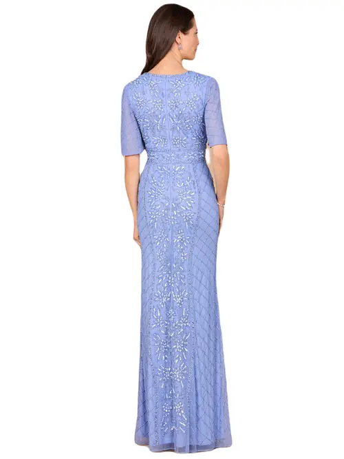 LARA NEW YORK Beaded V-neck Cape Sleeve Gown