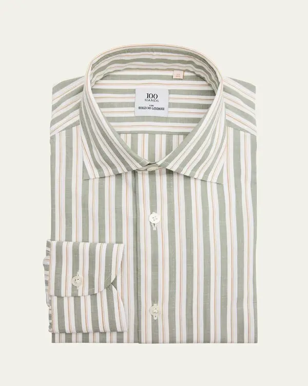 100HANDS Linen Stripe Spread-collar Dress Shirt - Green