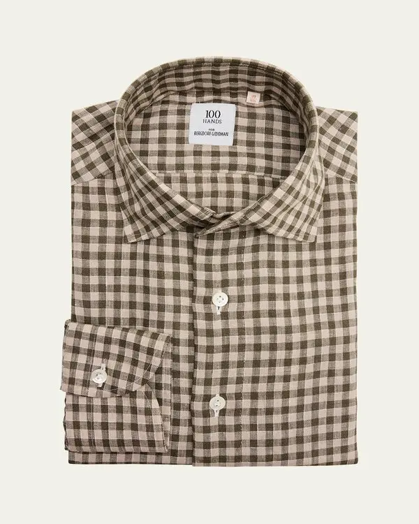 100HANDS Linen Gingham Check Dress Shirt - Olive Beige