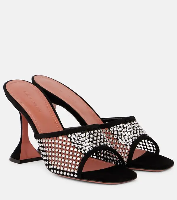 Amina Muaddi Lupita 95 Suede-trimmed Mesh Mules - Black