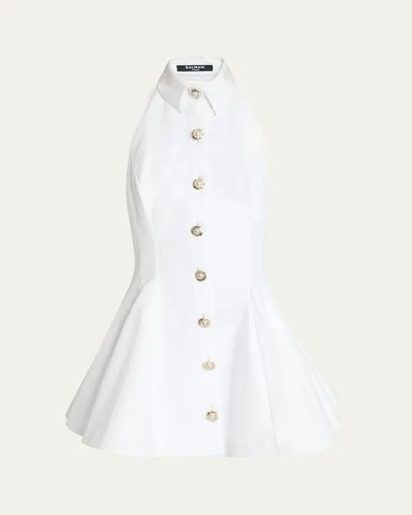 Balmain Halter Poplin Fit-and-flare Mini Shirtdress