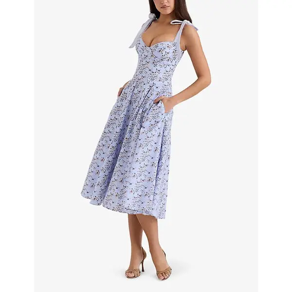House OF CB Emely Floral-Print Stretch-Cotton Midi Dress - Bee Floral Blue