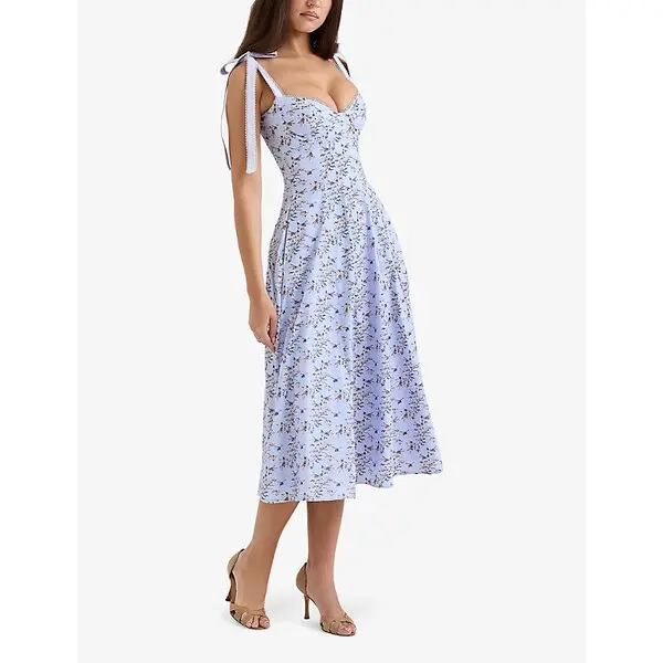 House OF CB Floral-Print Stretch-Cotton Midi Dress - Bee Floral Blue