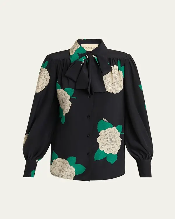Valentino Garavani Floral Print Tie-neck Silk Blouse