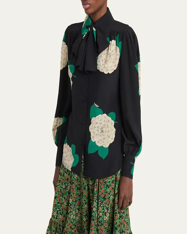Valentino Garavani Floral Print Tie-neck Silk Blouse