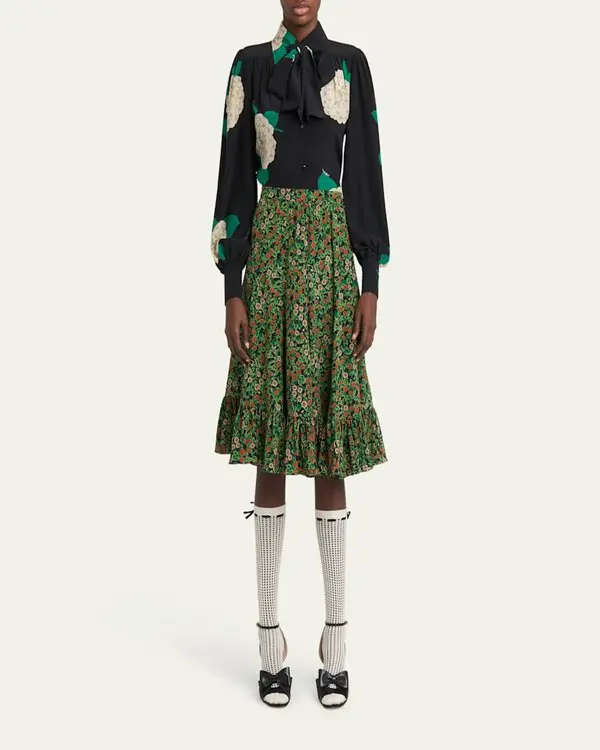 Valentino Garavani Floral Print Tie-neck Silk Blouse