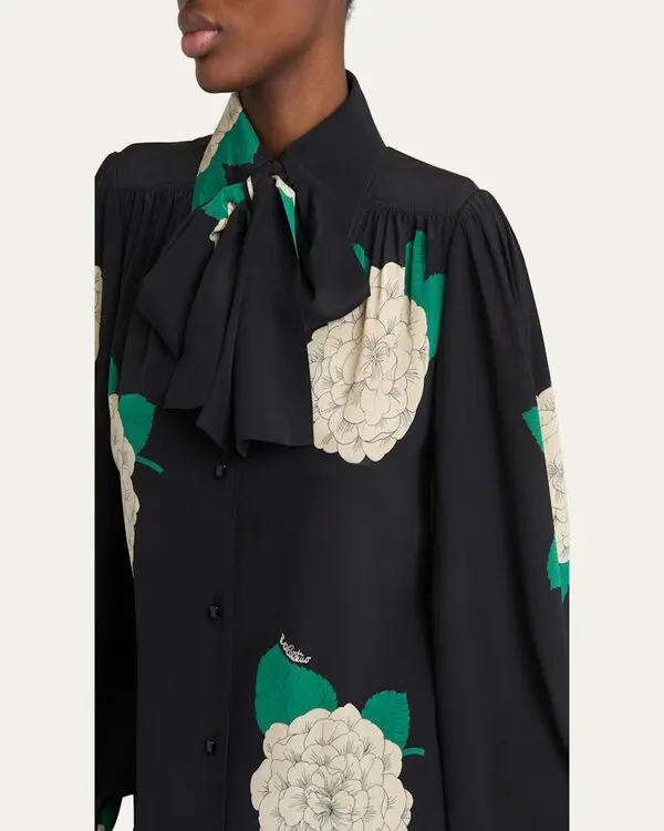 Valentino Garavani Floral Print Tie-neck Silk Blouse