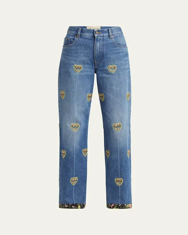 Valentino Garavani Embroidered Heart Pants With Floral Border