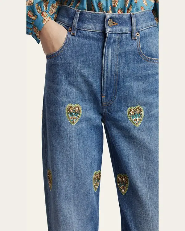 Valentino Garavani Embroidered Heart Pants With Floral Border