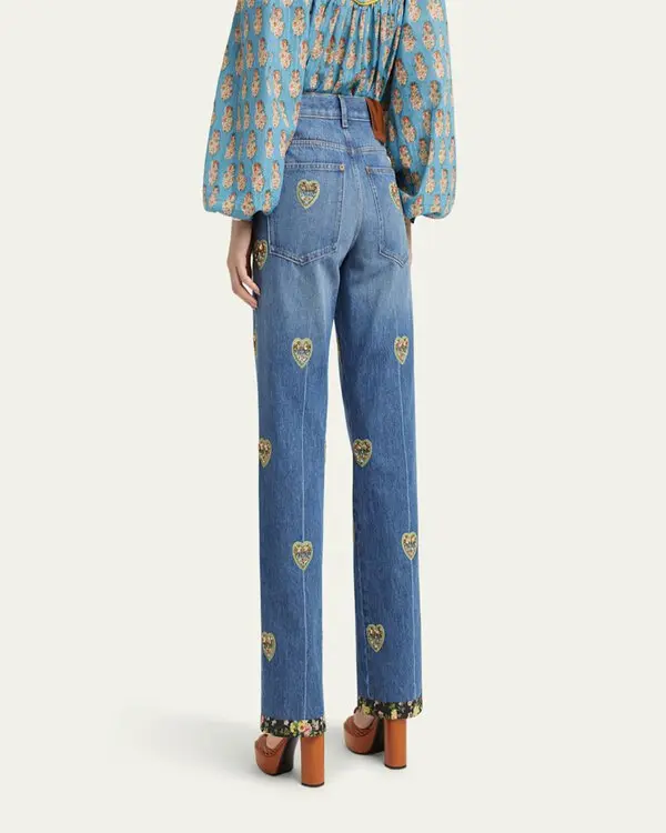 Valentino Garavani Embroidered Heart Pants With Floral Border