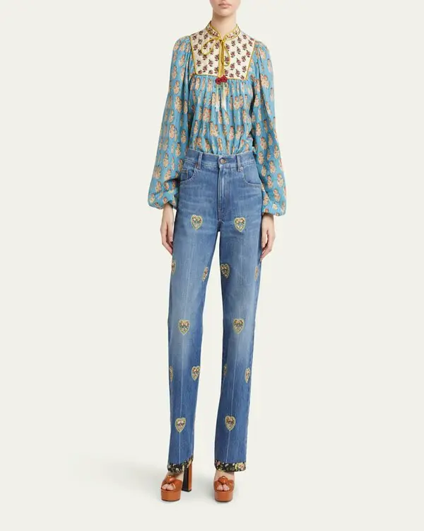 Valentino Garavani Embroidered Heart Pants With Floral Border