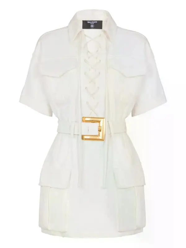 Balmain Mini Lace-up Canvas Dress - White