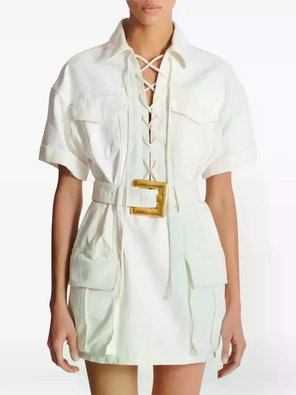 Balmain Mini Lace-up Canvas Dress - White