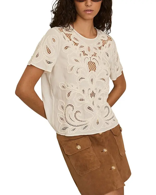 REISS Iyla Floral Cut Out Top - Ivory