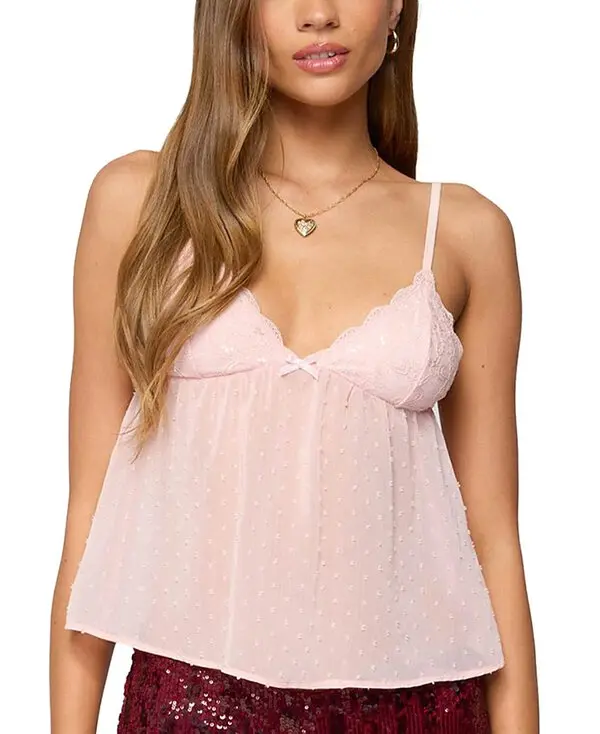 EDIKTED Dotted Chiffon Babydoll Tank Top - Light-pink