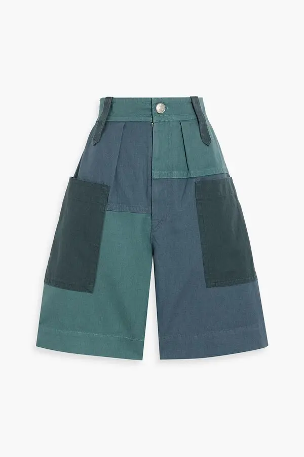 MARANT ETOILE Kalerna Patchwork Cotton And Linen-blend Shorts - Petrol