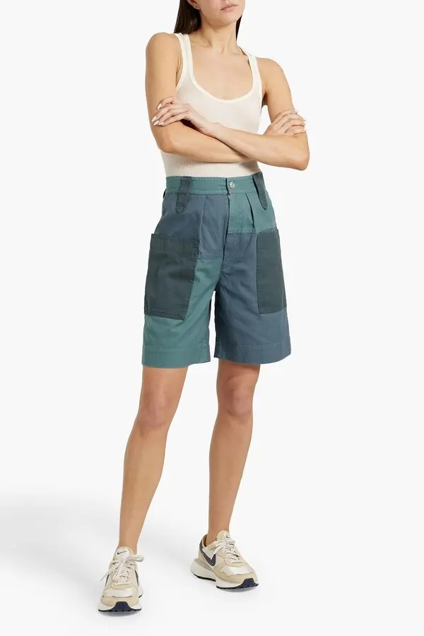 MARANT ETOILE Kalerna Patchwork Cotton And Linen-blend Shorts - Petrol