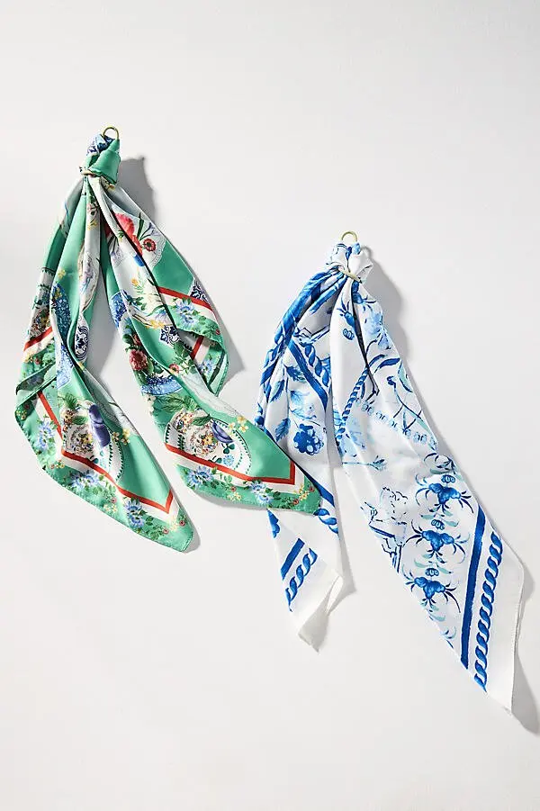 Anthropologie Gardenia Floral Hair Scarf - Green Plates/blue Toile